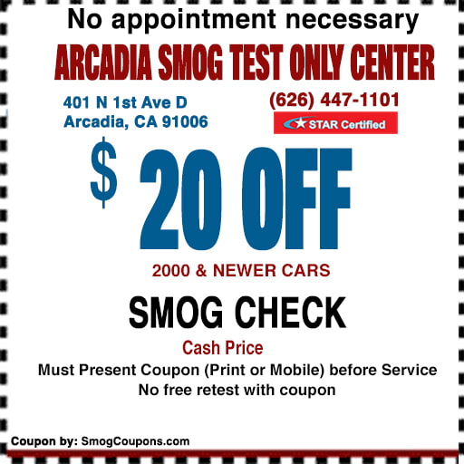 Smog Check Arcadia | $20 OFF SMOG CHECK COUPON